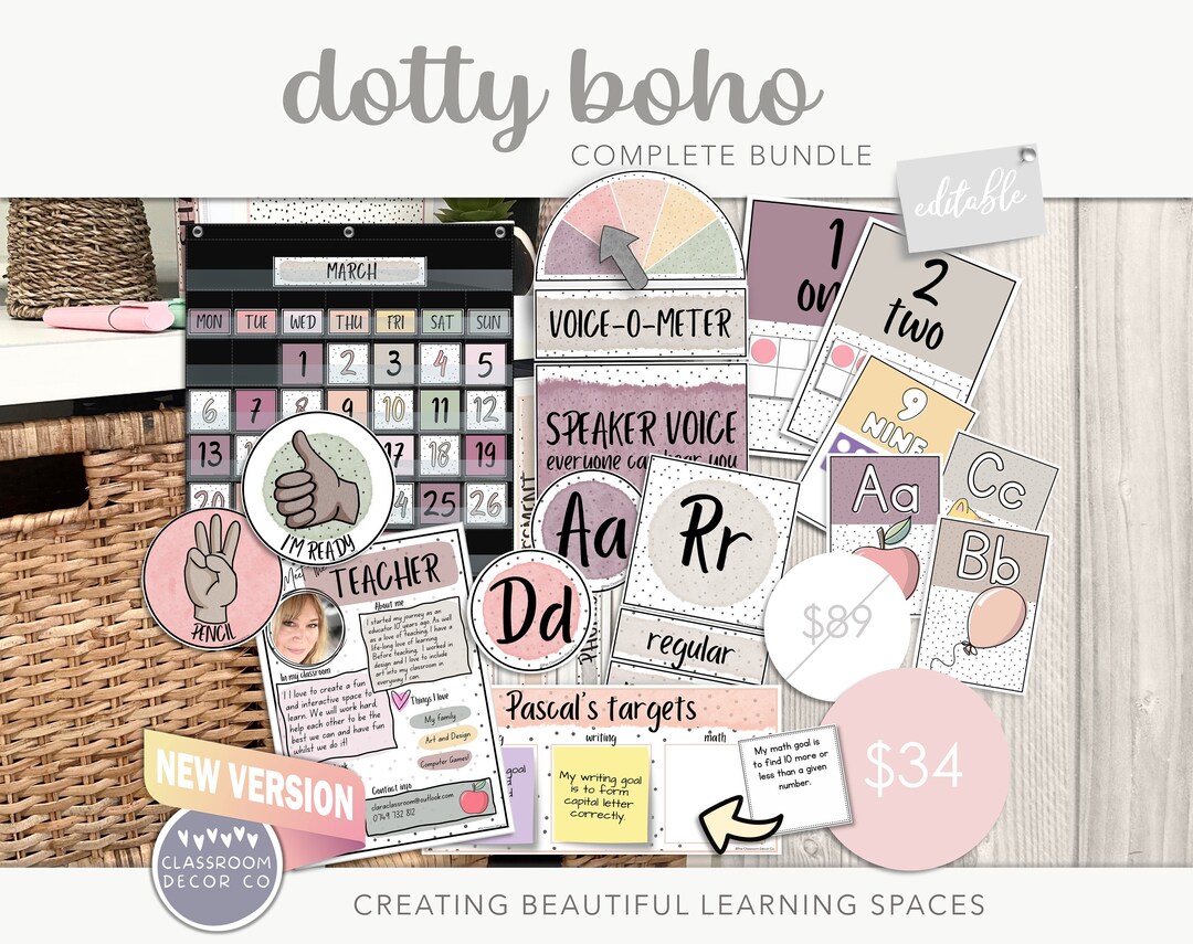 DOTTY BOHO Complete Classroom Display Label Bundle, Neutral Classroom ...