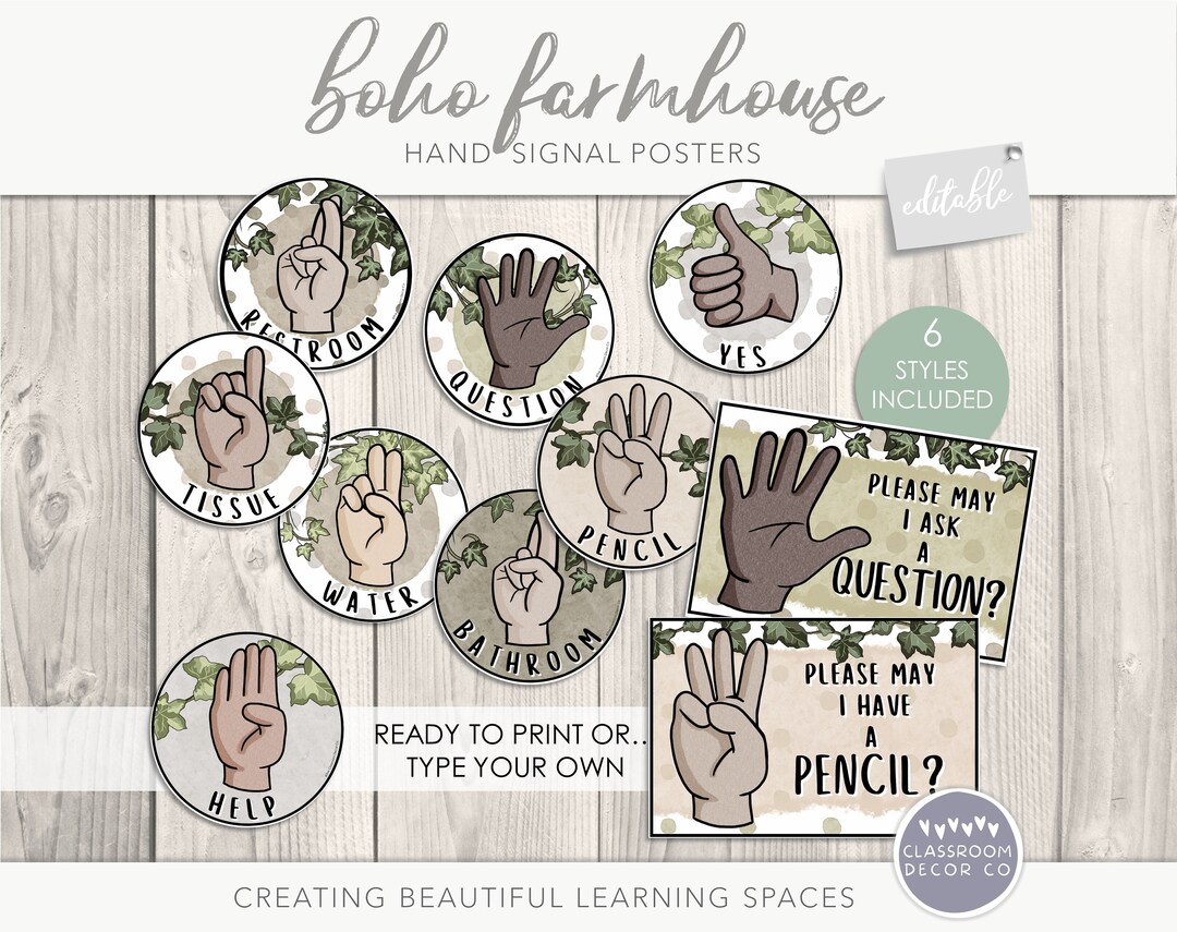 BOHO FARMHOUSE Hand Signal Posters Editable Classroom - Etsy