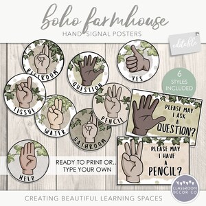 BOHO FARMHOUSE Hand Signal Posters Editable Classroom - Etsy