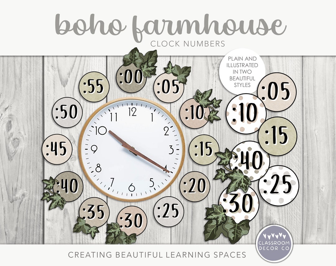 BOHO FARMHOUSE Clock Numbers, Clock Printables, Classroom Printables ...