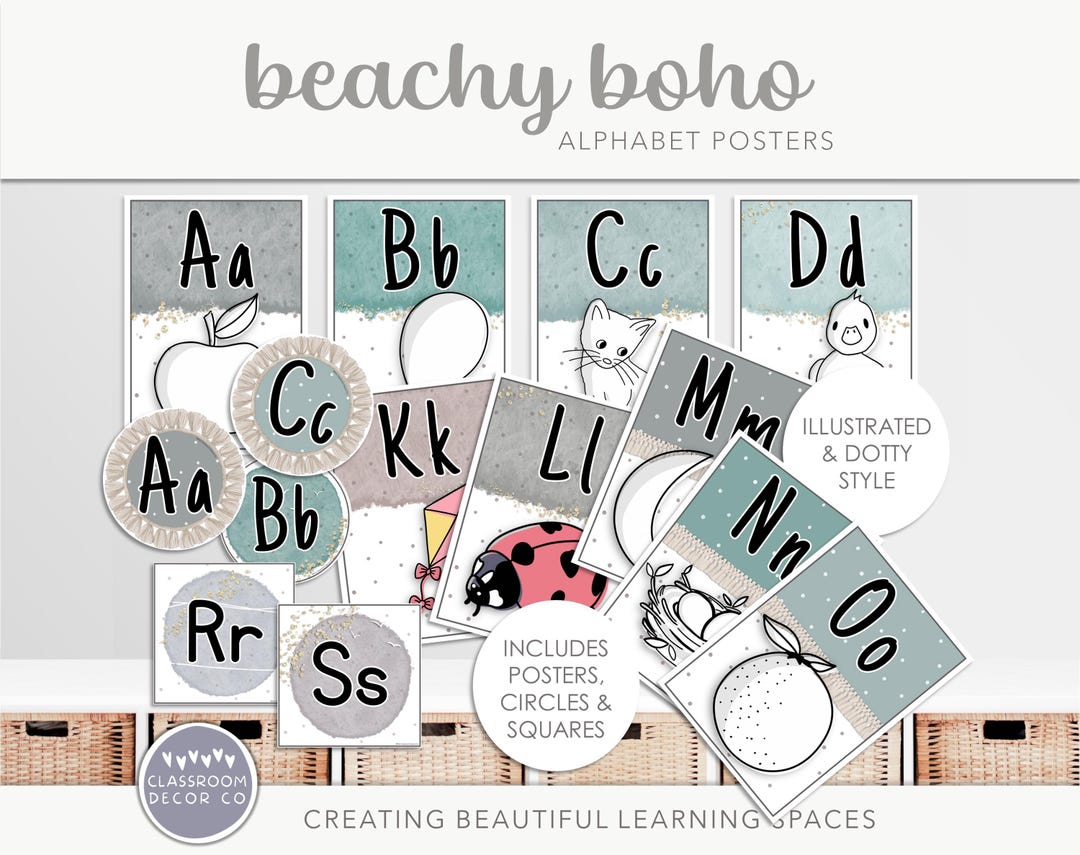 BEACHY BOHO Alphabet Posters, Classroom Letters Display, Letter ...
