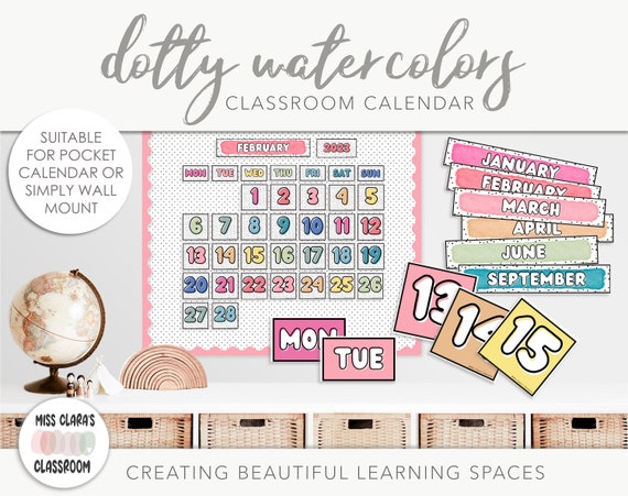 DOTTY WATERCOLOR Classroom Calendar Bright Rainbow Classroom - Etsy