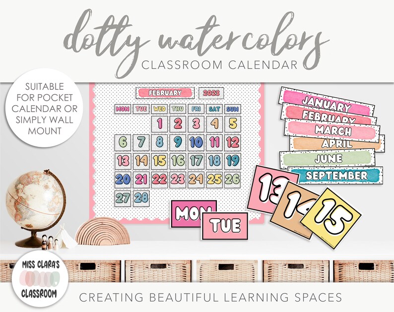 DOTTY WATERCOLOR Classroom Calendar Bright Rainbow Classroom - Etsy
