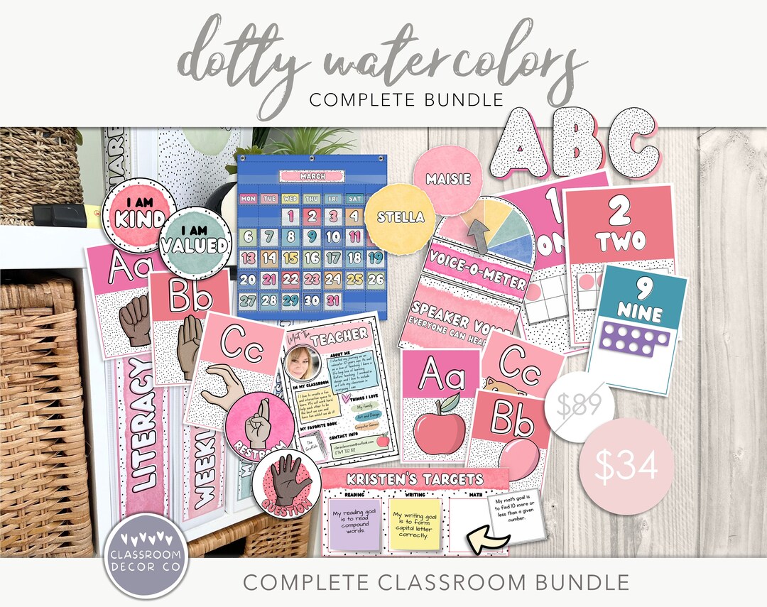 DOTTY WATERCOLOR Complete Bundle Classroom Labels Custom - Etsy