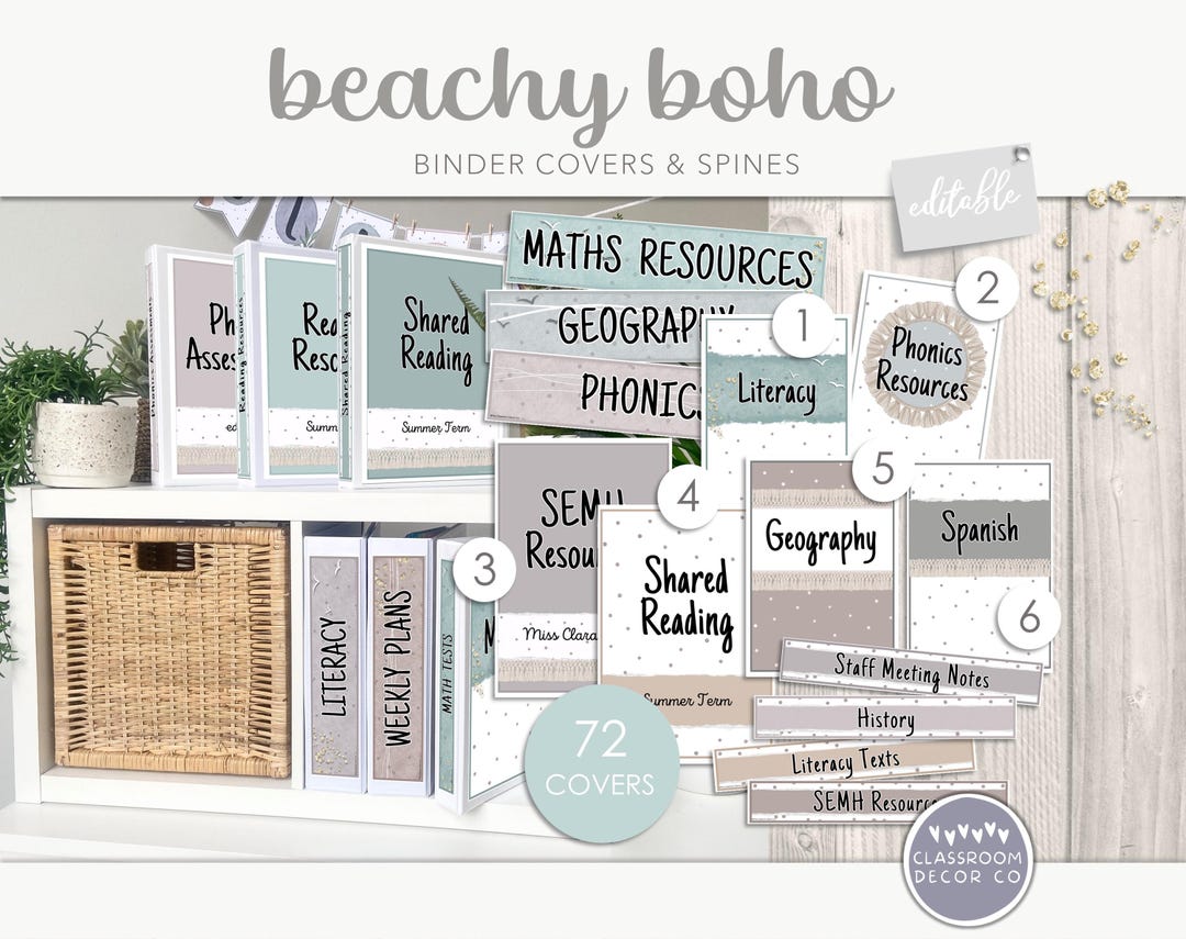 BEACHY BOHO Binder Covers and Spines, Classroom Organization Labels ...