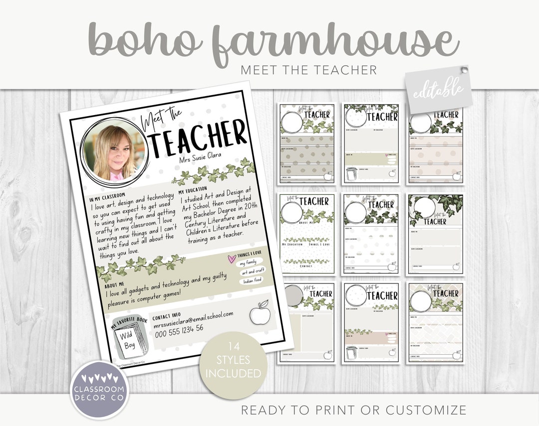 BOHO FARMHOUSE Meet the Teacher, Customizable Teacher Fact File ...