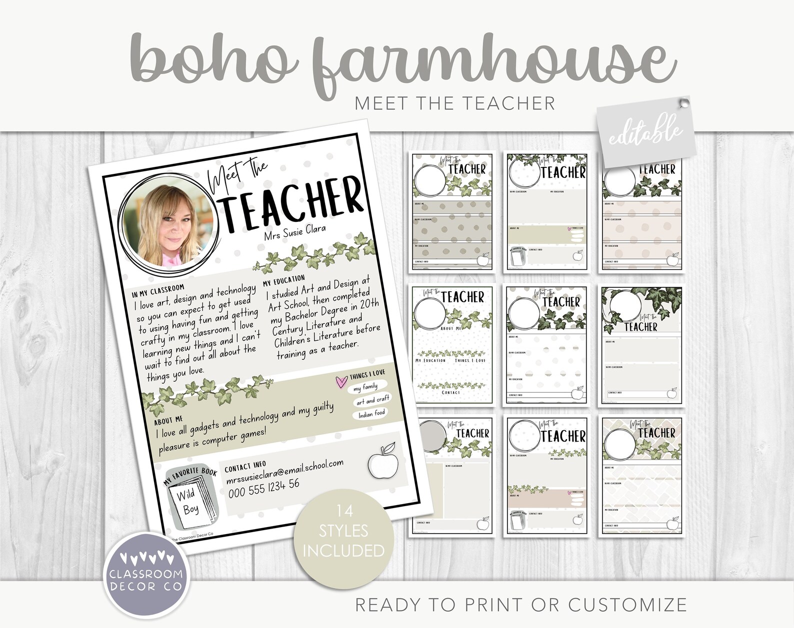 BOHO FARMHOUSE Meet the Teacher, Customizable Teacher Fact File ...