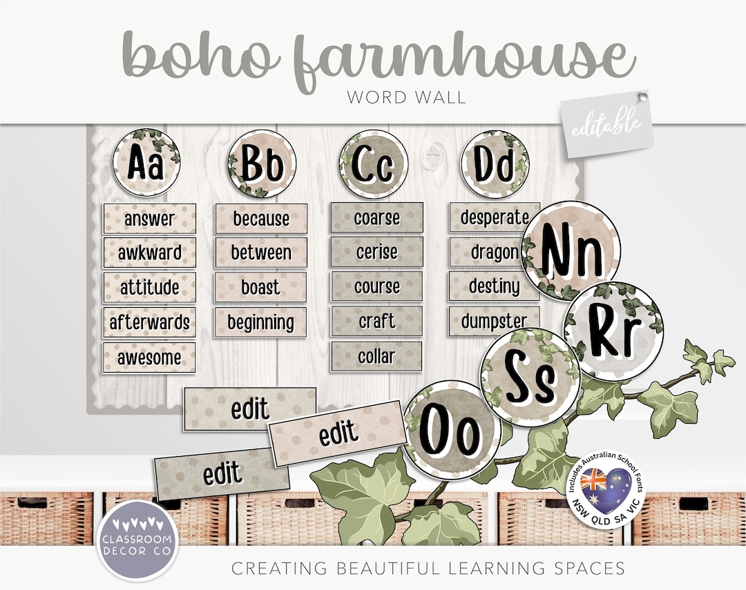 BOHO FARMHOUSE Word Wall, Editable Vocabulary Display, Editable ...