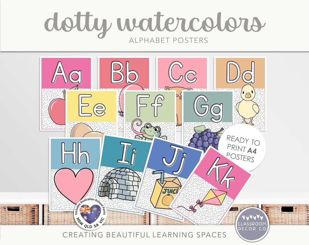 DOTTY WATERCOLOR Alphabet Posters, Classroom Letters Display, Letter ...
