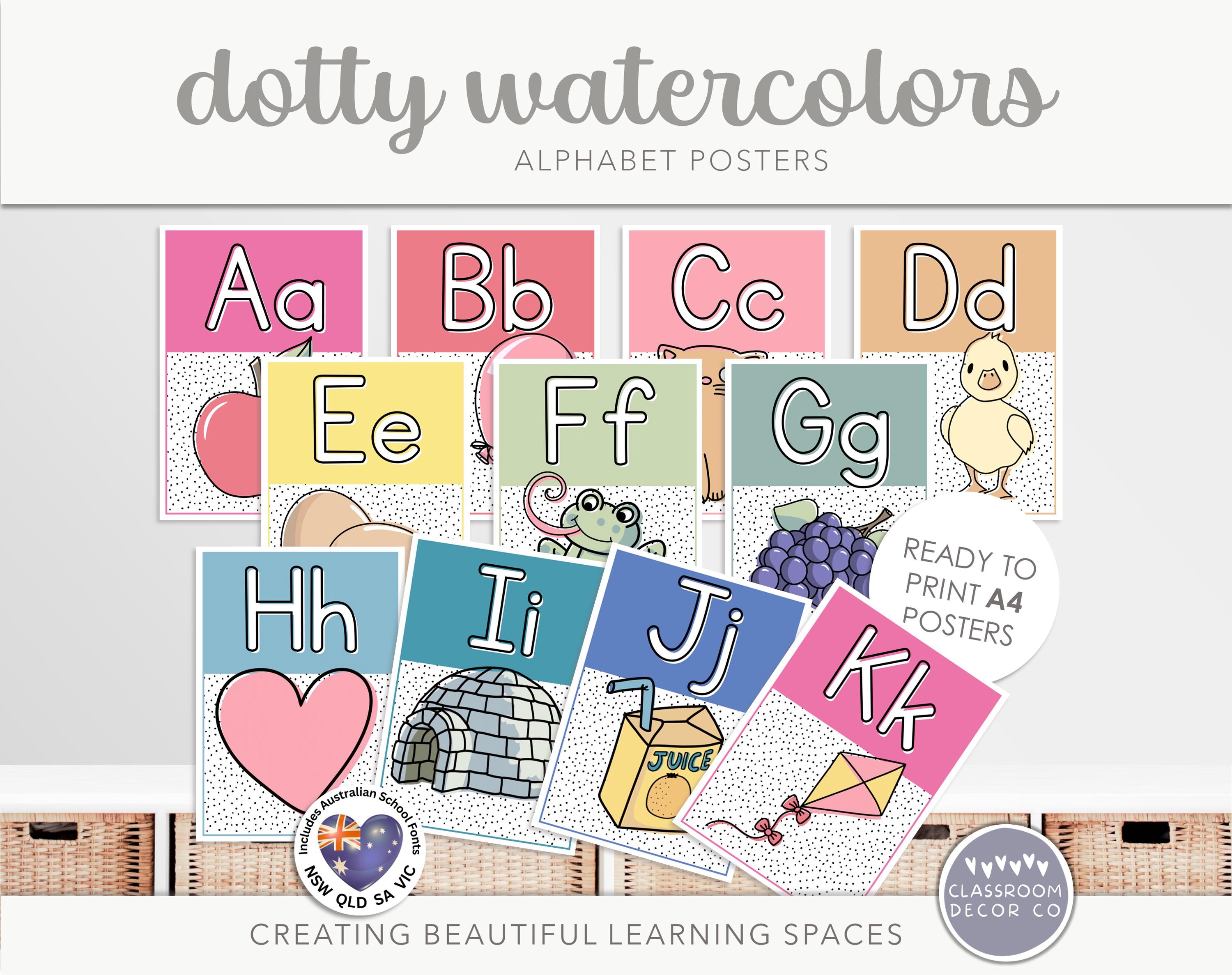 DOTTY WATERCOLOR Alphabet Posters, Classroom Letters Display, Letter ...