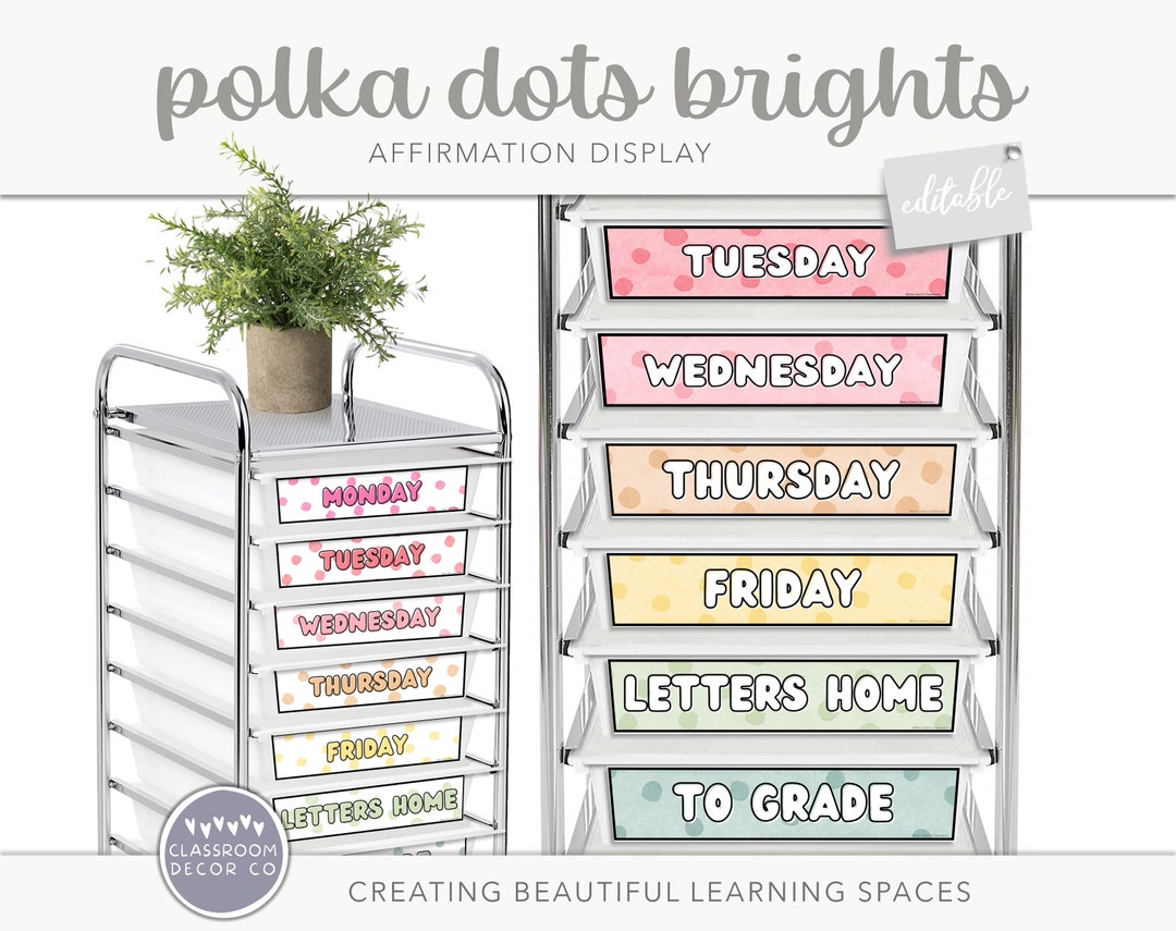 POLKA DOTS BRIGHTS Teacher Trolley Labels, 10 Drawer Rolling Cart Label ...