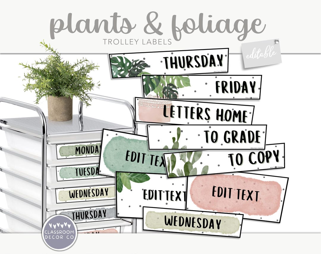 PLANTS & FOLIAGE Teacher Trolley Labels, 10 Drawer Rolling Cart Label ...