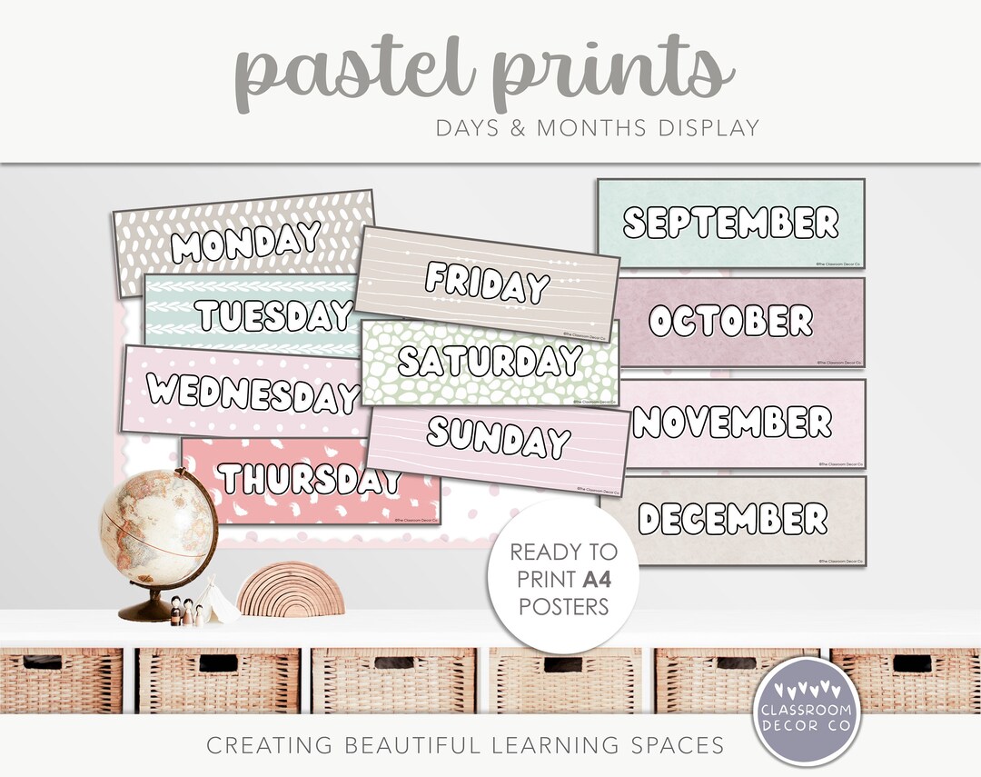 PASTEL PRINTS Days and Months Display, Days of the Week Display, Months ...