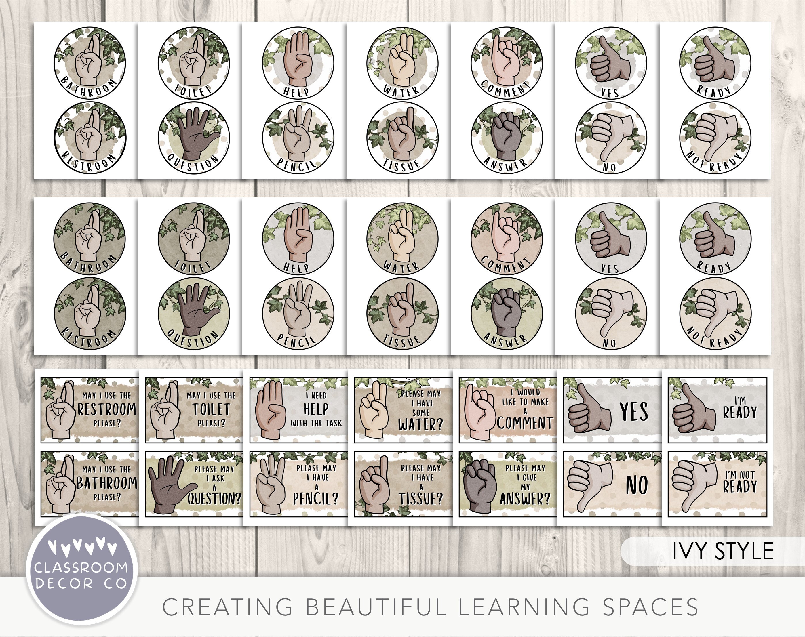 BOHO FARMHOUSE Hand Signal Posters, Editable Classroom Communication ...