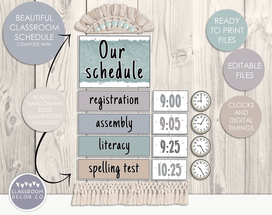 BEACHY BOHO Daily Schedule, Classroom Timetable Display Organizer ...