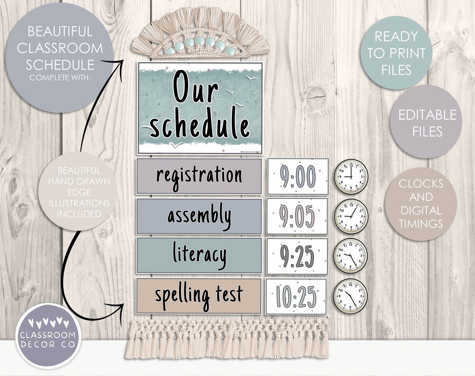 BEACHY BOHO Daily Schedule, Classroom Timetable Display Organizer ...