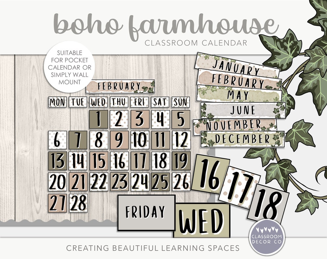 BOHO FARMHOUSE Classroom Calendar, Modern Farmhouse Classroom Calendar ...