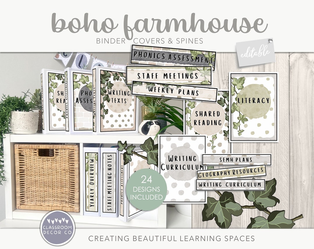 BOHO FARMHOUSE Binder Covers and Spines, Custom Classroom Organization ...