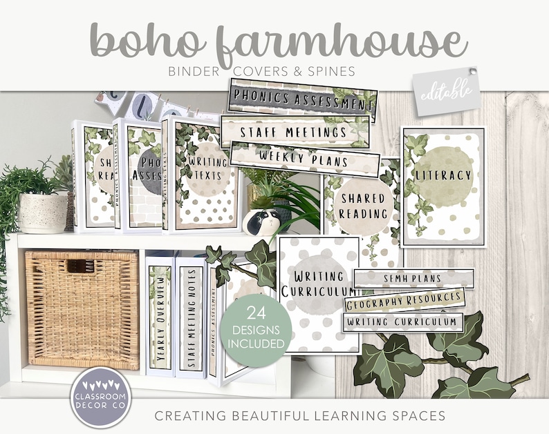 BOHO FARMHOUSE Binder Covers and Spines, Custom Classroom Organization ...