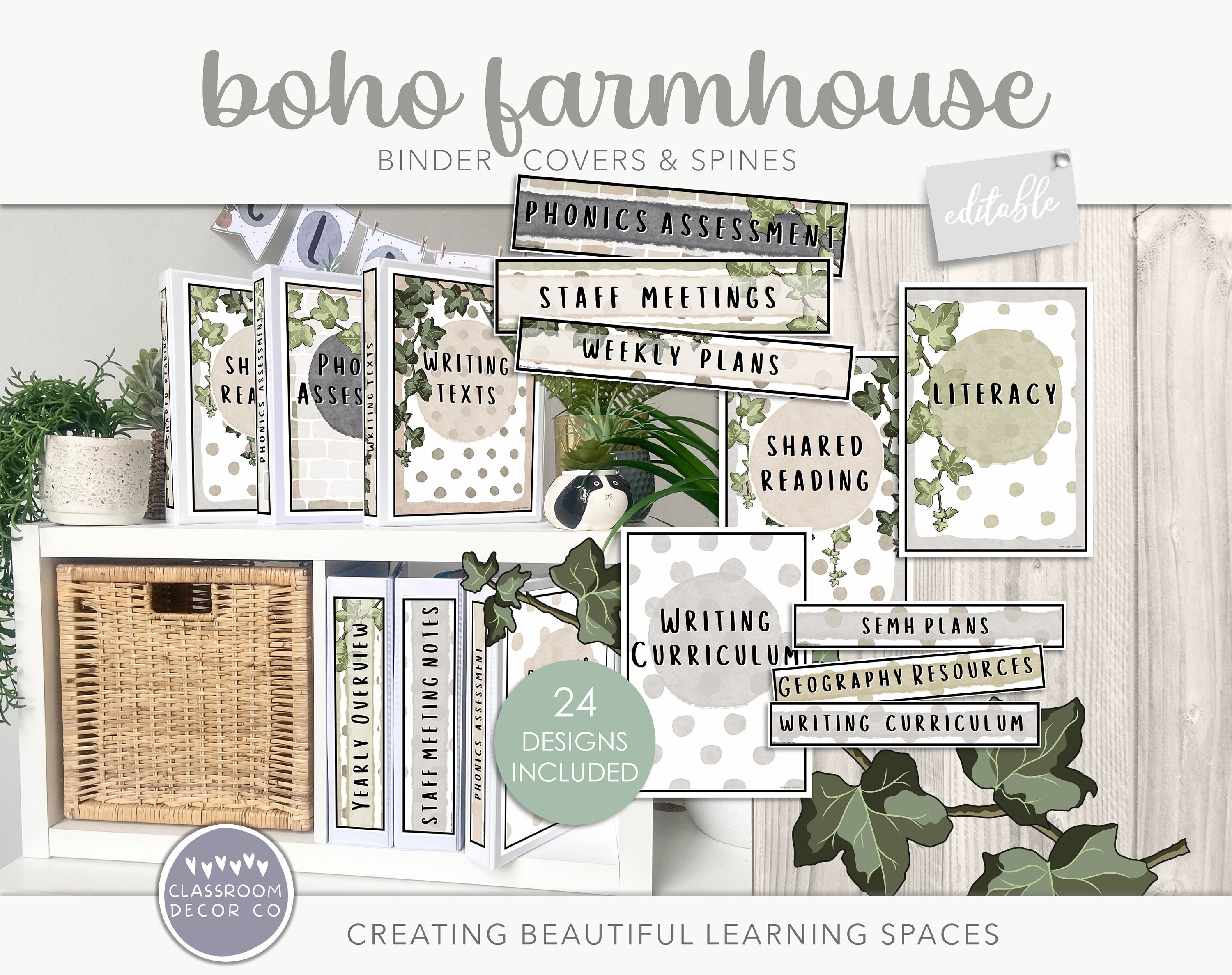 BOHO FARMHOUSE Binder Covers and Spines, Custom Classroom Organization ...