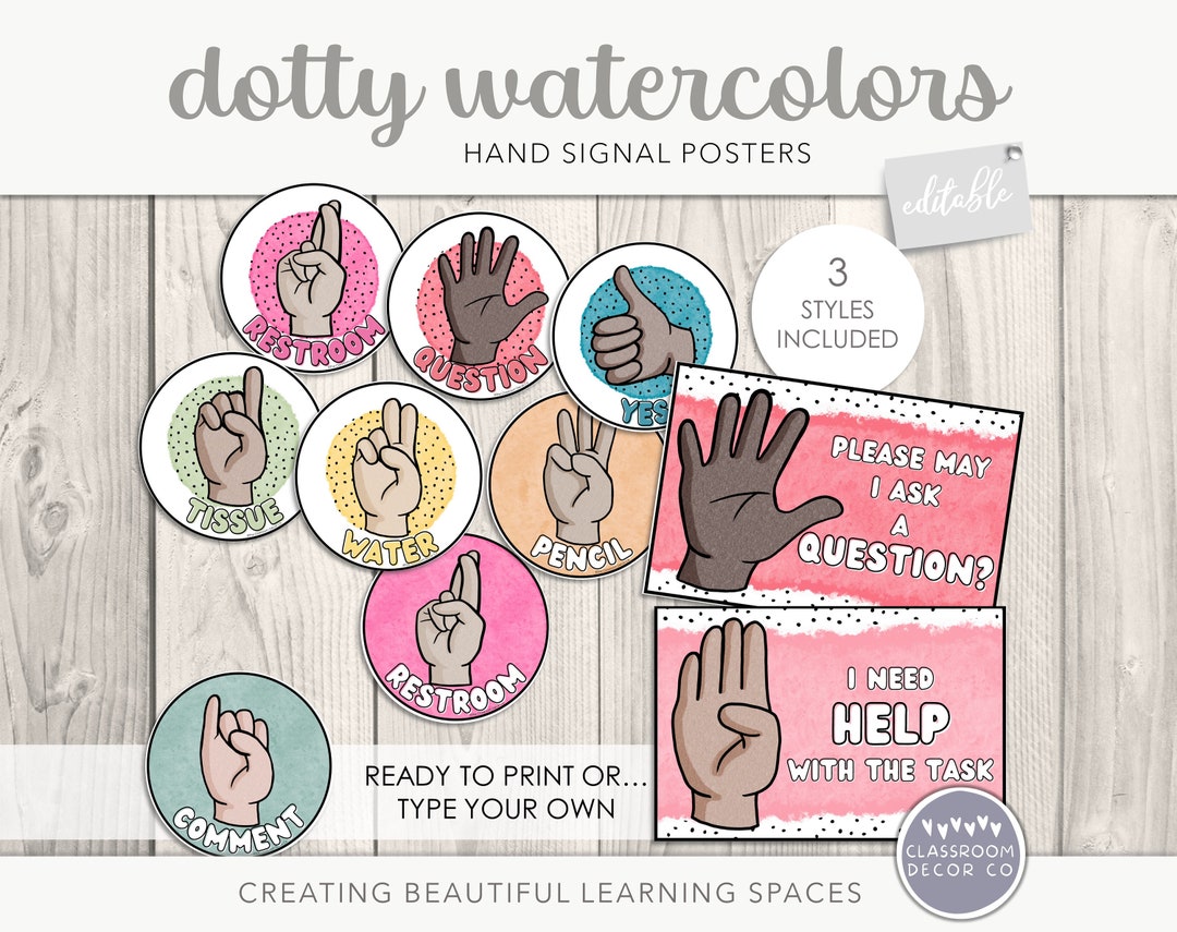 DOTTY WATERCOLORS Hand Signal Posters, Editable Classroom Communication ...