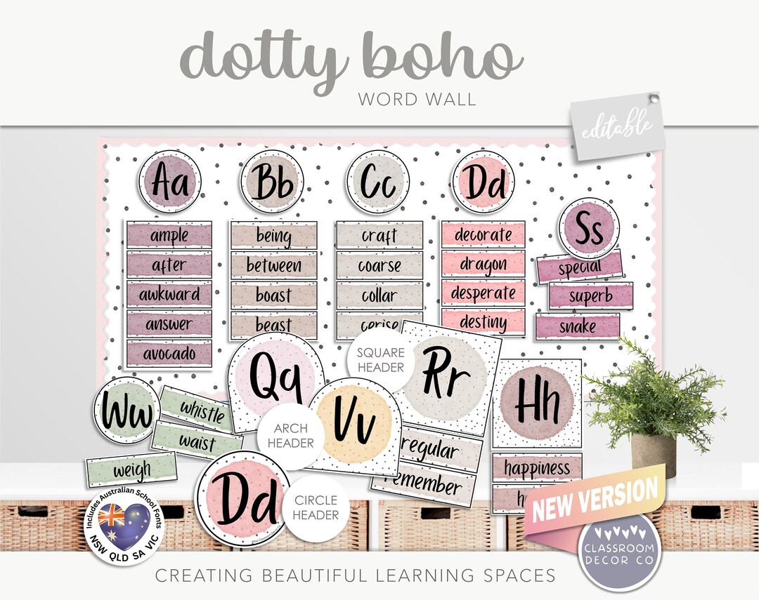 DOTTY BOHO Word Wall, Editable, Vocabulary Wall, Neutral Classroom ...
