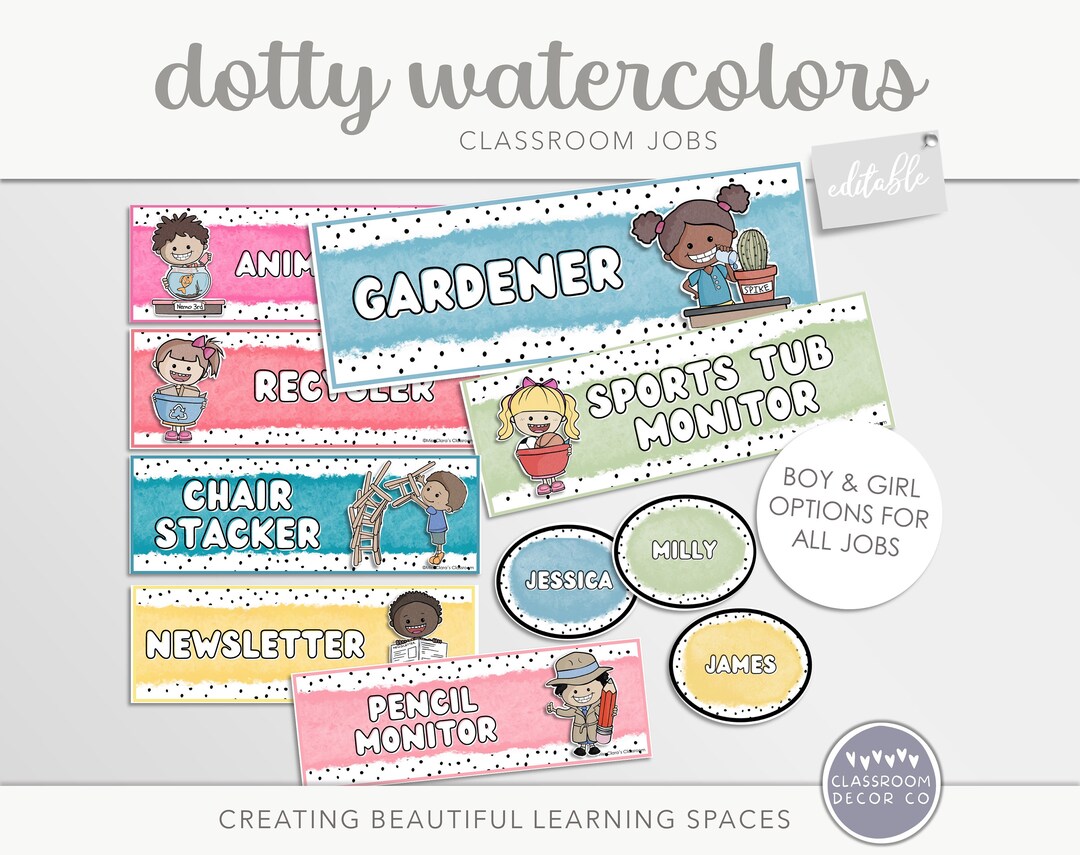 DOTTY WATERCOLOR Classroom Jobs, Editable, Bright Rainbow Classroom ...