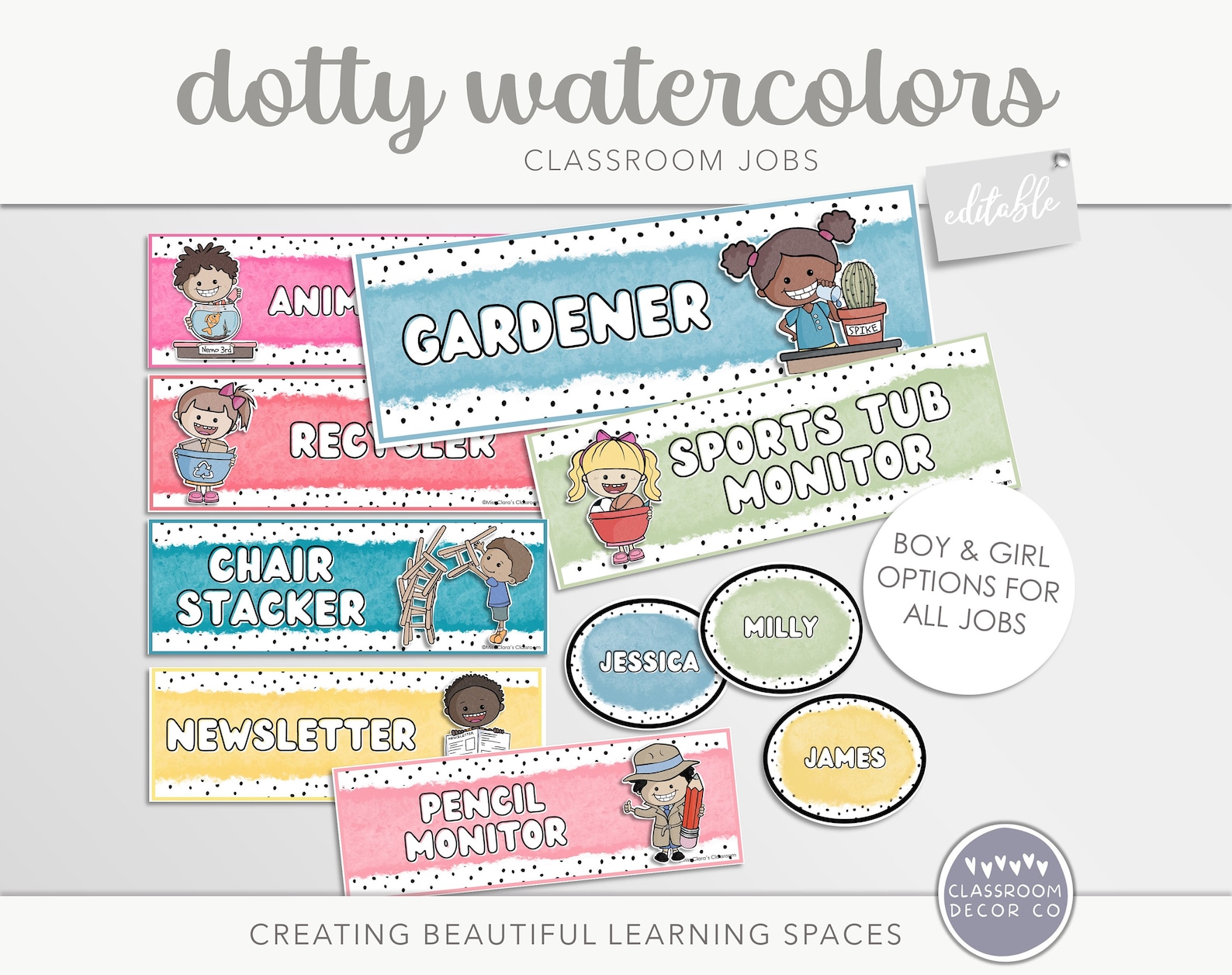 DOTTY WATERCOLOR Classroom Jobs, Editable, Bright Rainbow Classroom ...