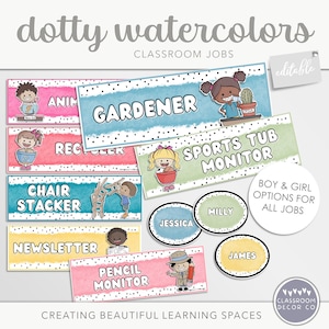 DOTTY WATERCOLOR Classroom Jobs, Editable, Bright Rainbow Classroom ...