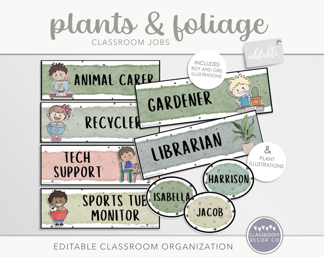 PLANTS & FOLIAGE Classroom Jobs, Editable Classroom Jobs Display ...