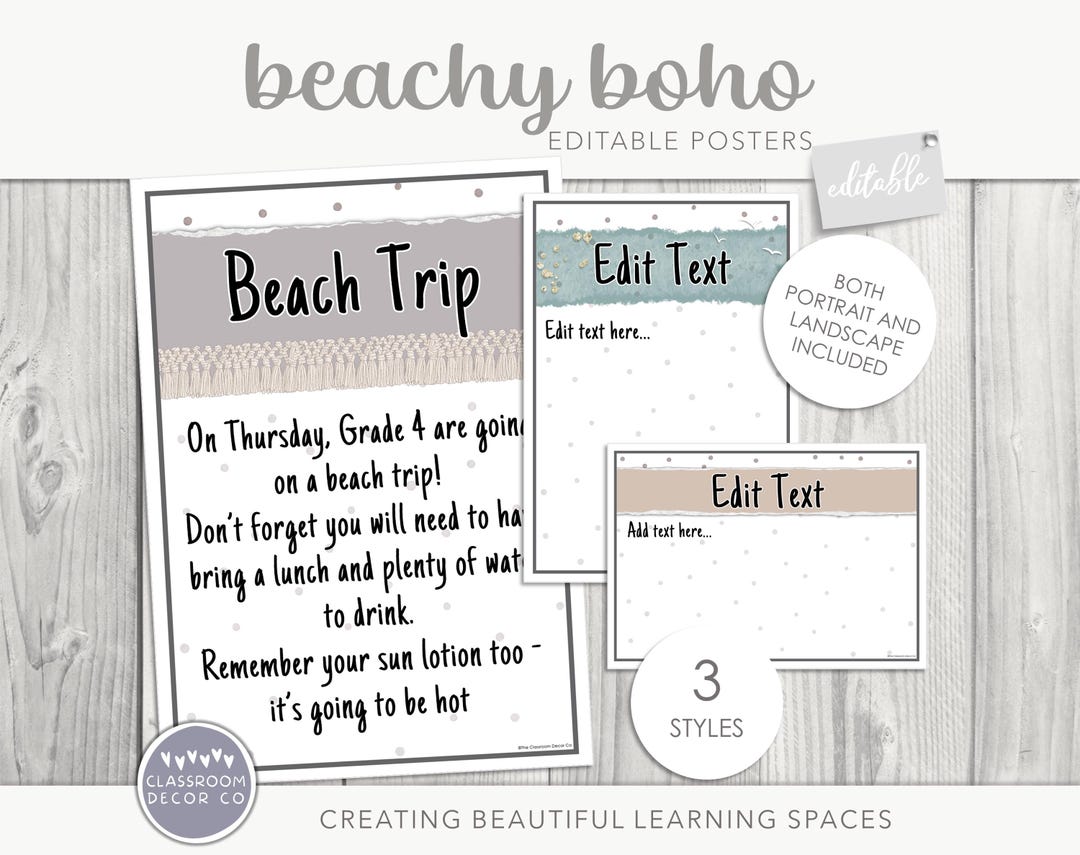 BEACHY BOHO Editable Classroom Posters, Neutral Classroom Display Decor ...