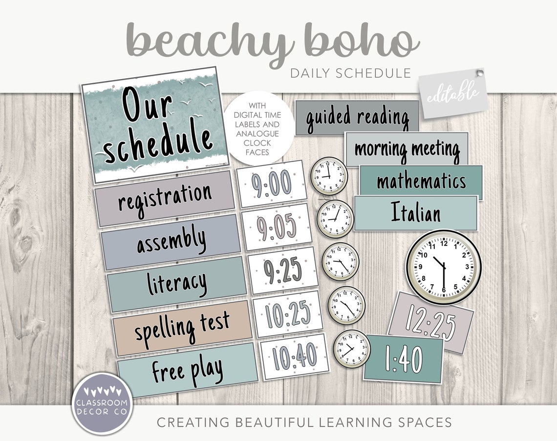 BEACHY BOHO Daily Schedule, Classroom Timetable Display Organizer ...