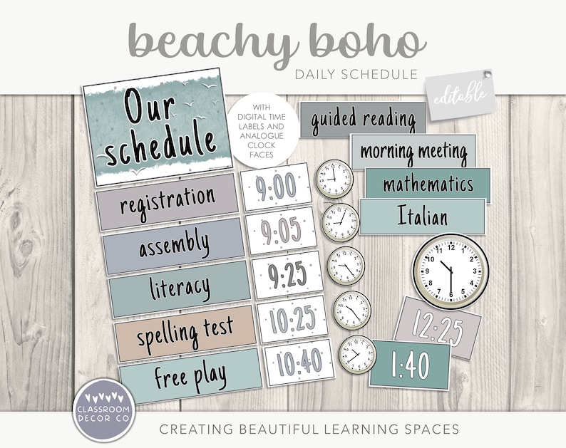 BEACHY BOHO Daily Schedule, Classroom Timetable Display Organizer ...