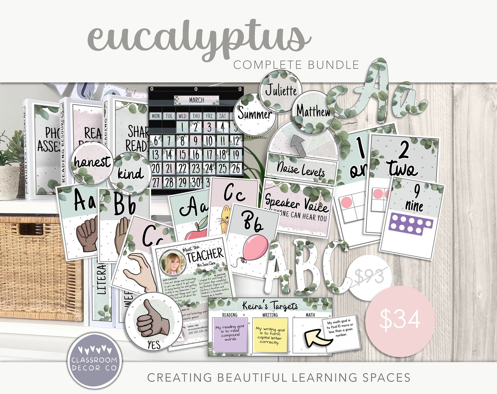 EUCALYPTUS Complete Classroom Display Bundle, Customizable Display ...