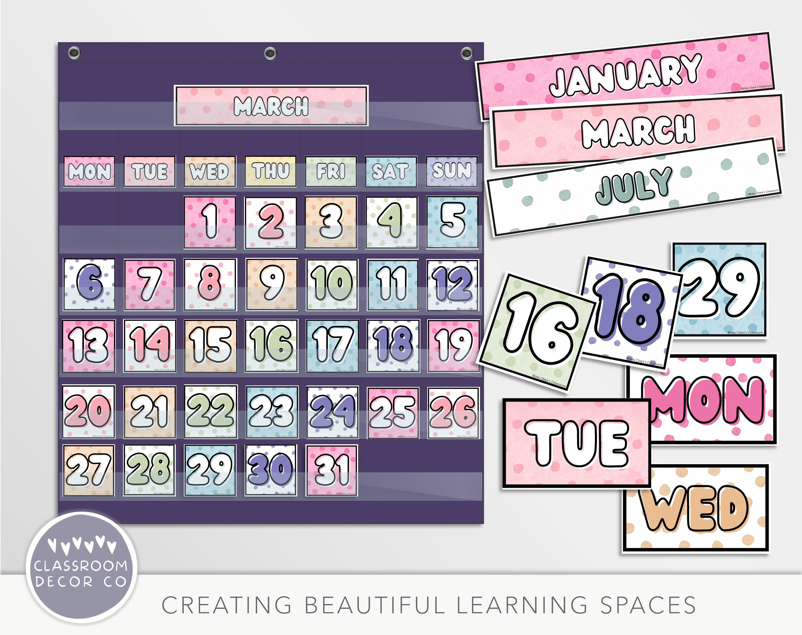 POLKA DOTS ‘BRIGHTS’ Classroom Calendar, Bright Rainbow Classroom ...