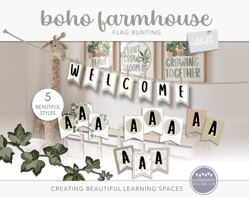 BOHO FARMHOUSE Flag Bunting Custom Classroom Display - Etsy