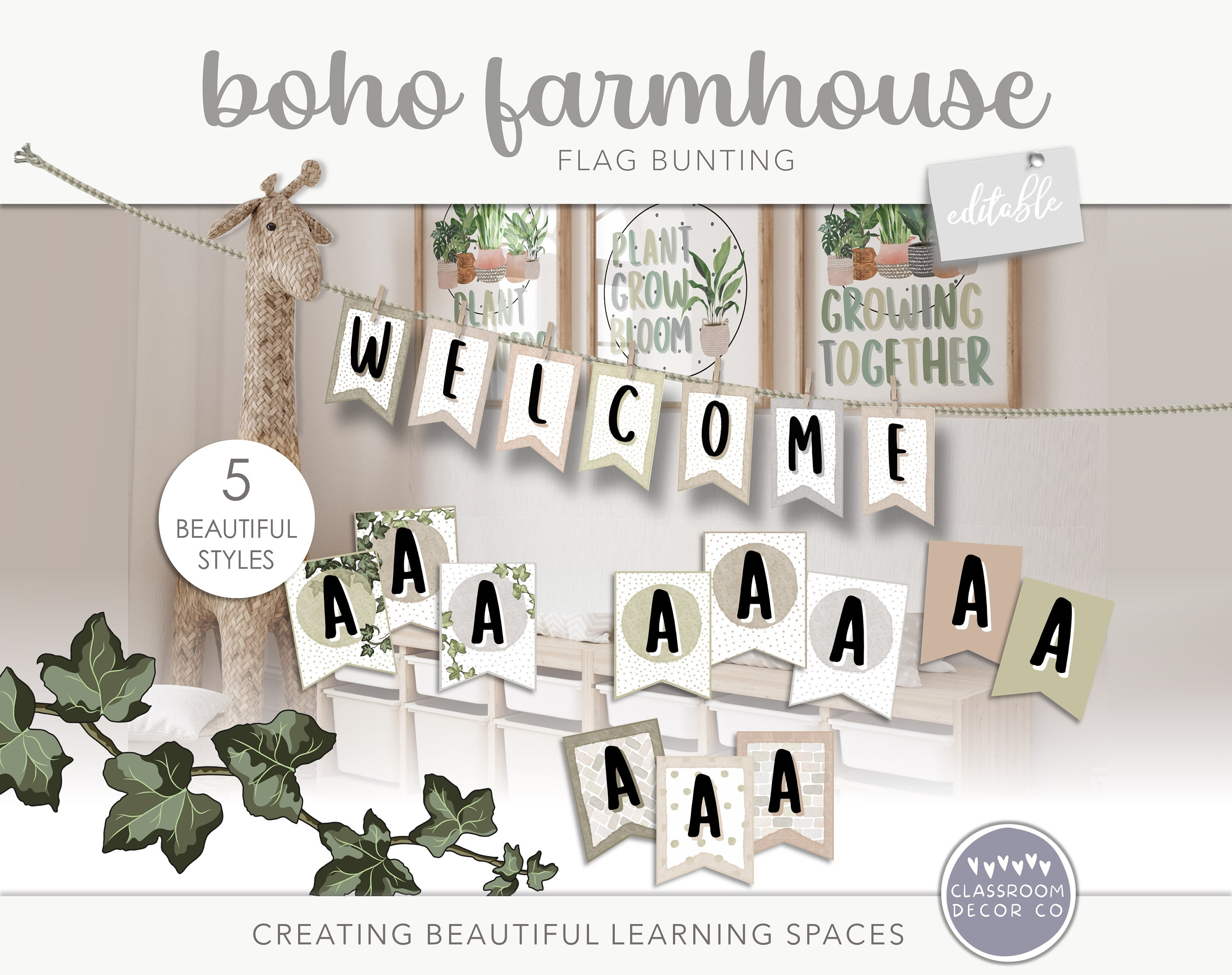 BOHO FARMHOUSE Flag Bunting, Custom Classroom Display, Classroom Header ...