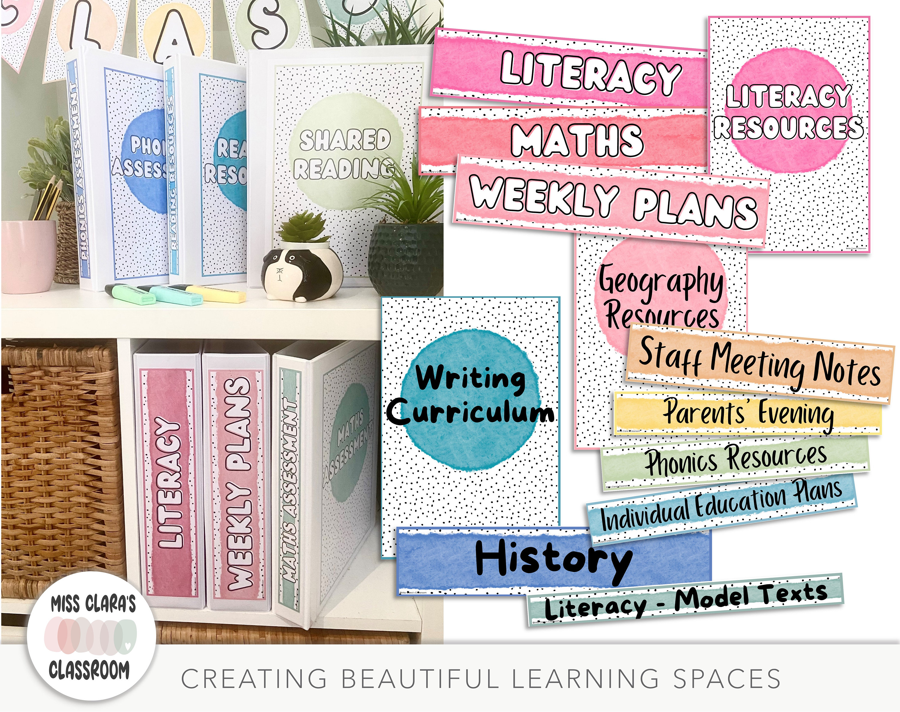 DOTTY WATERCOLOR Binder Covers and Spines, Bright Rainbow Classroom ...