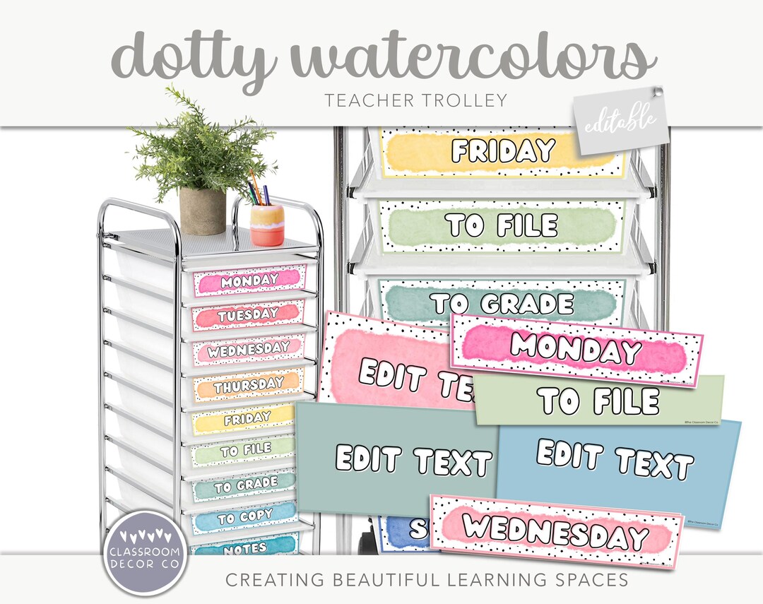 DOTTY WATERCOLOR Teacher Rolling Cart Labels, Editable, Bright Rainbow ...
