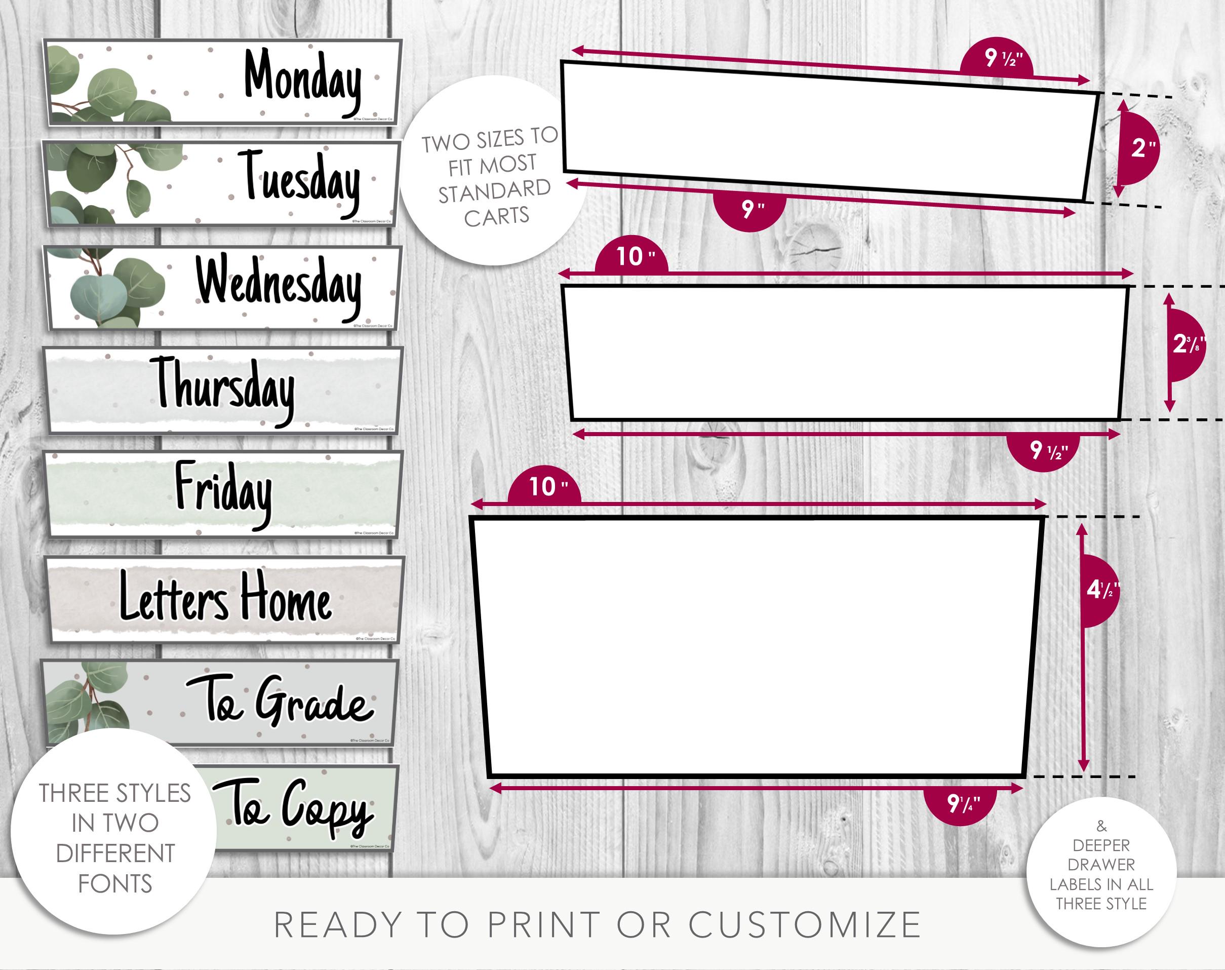 EUCALYPTUS Teacher Trolley Labels, 10 Drawer Rolling Cart Label Bundle ...