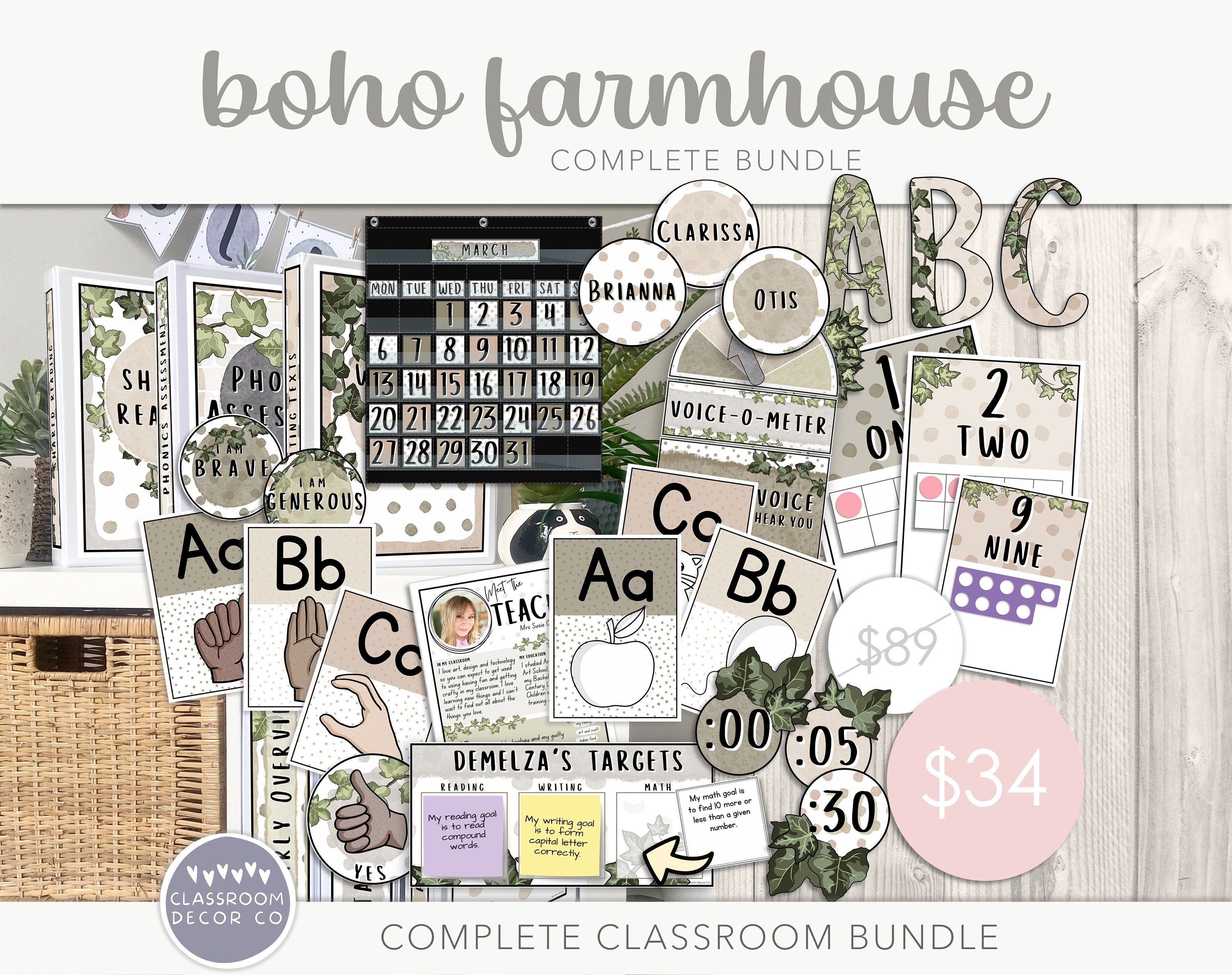 BOHO FARMHOUSE Complete Classroom Display Bundle, Customizable Display ...