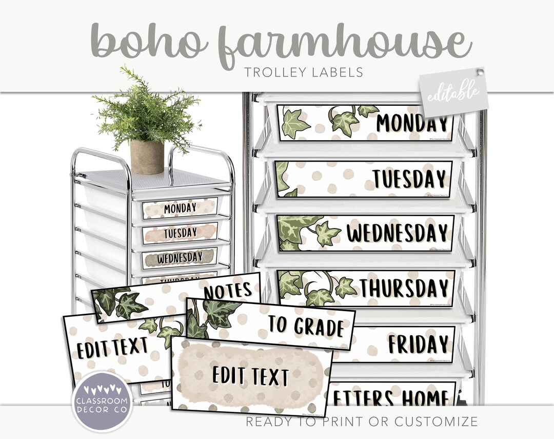 BOHO FARMHOUSE Teacher Trolley Labels, 10 Drawer Rolling Cart Label ...