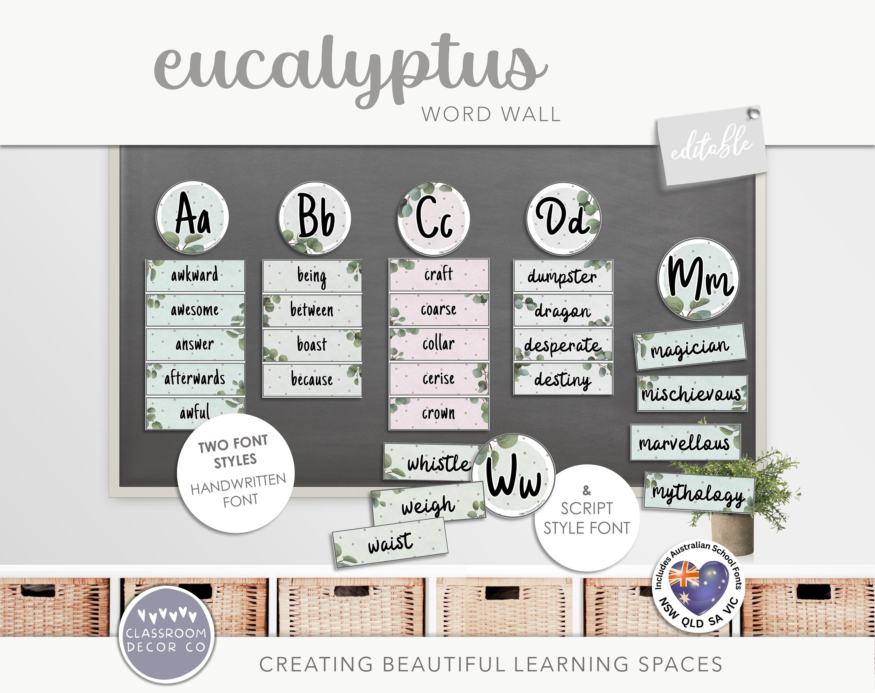 EUCALYPTUS Word Wall, Editable Vocabulary Display, Editable Classroom ...