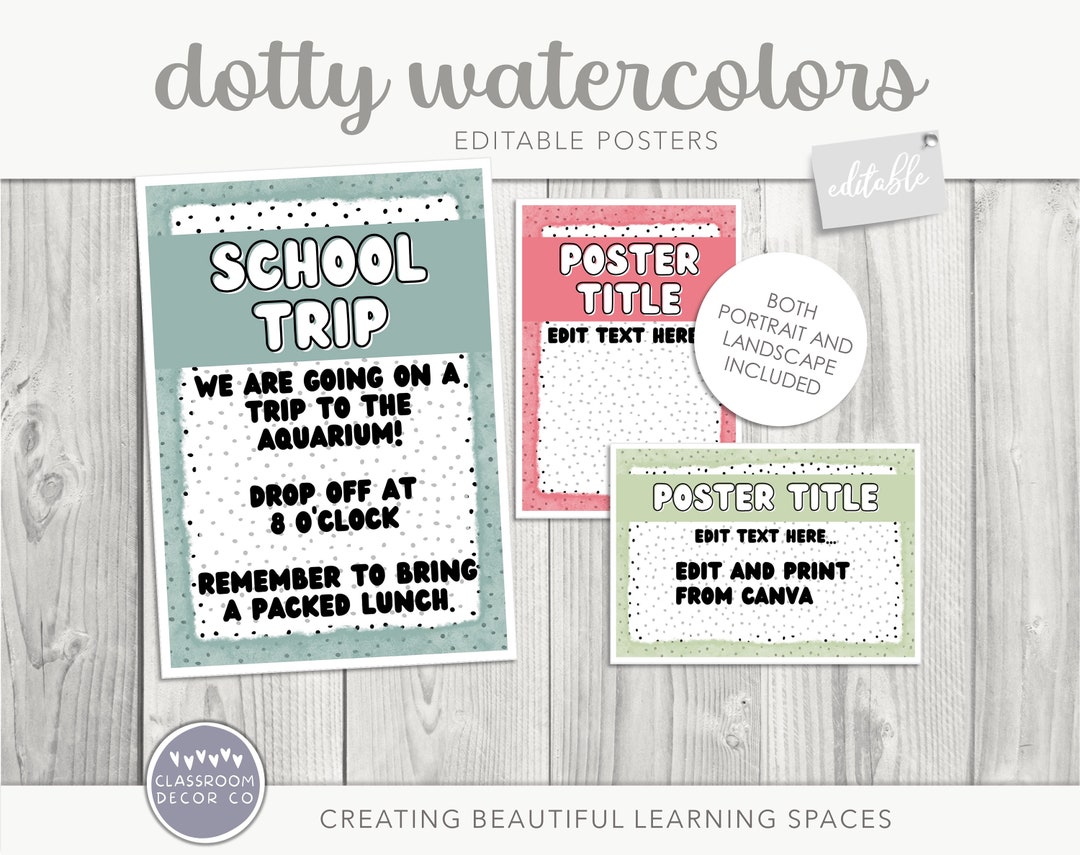 DOTTY WATERCOLOR Editable Classroom Posters, Customizable Display ...