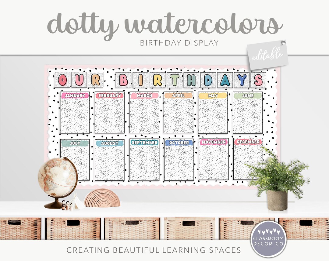DOTTY WATERCOLOR Classroom Birthday Display, Editable, Bright Rainbow ...