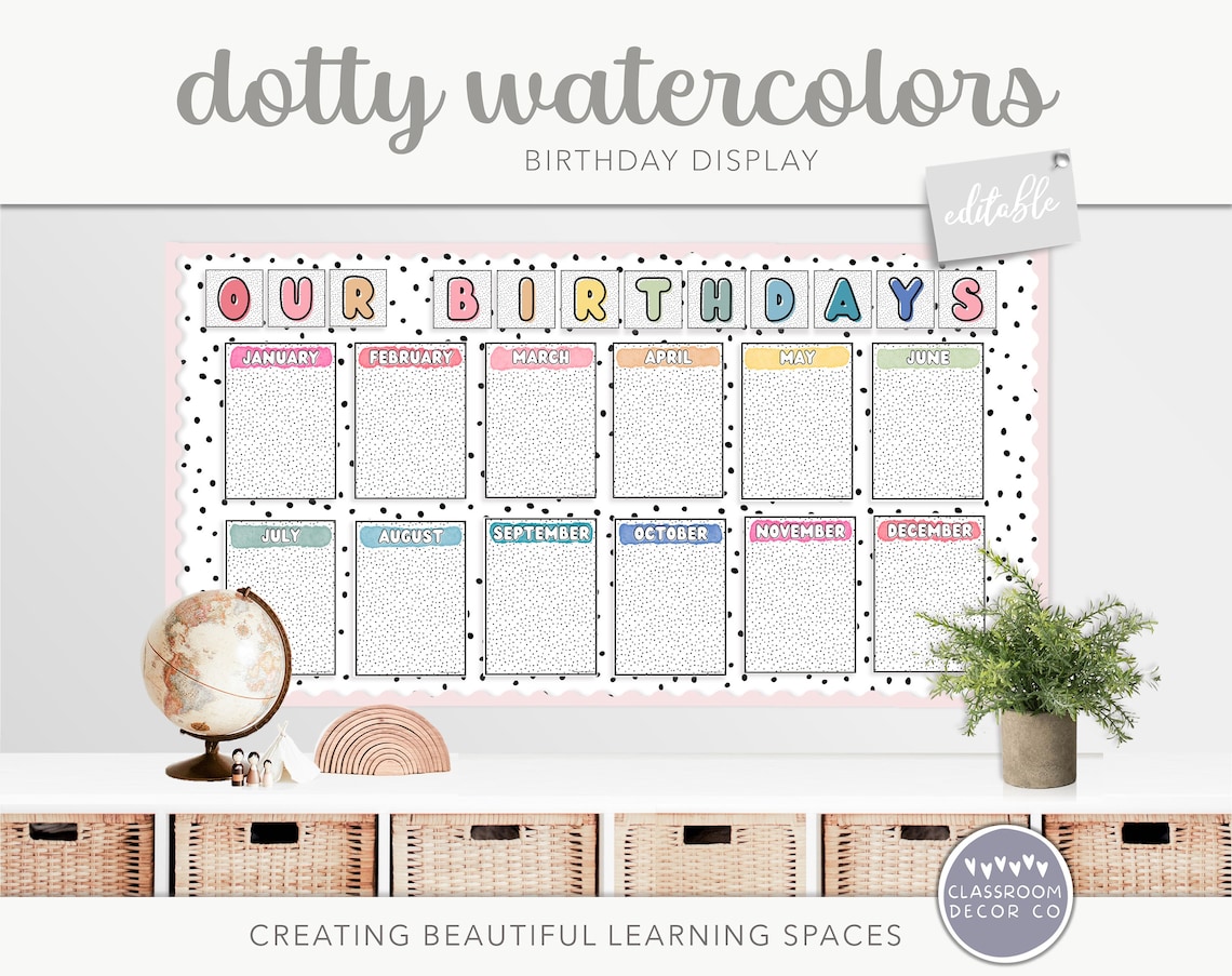 DOTTY WATERCOLOR Classroom Birthday Display, Editable, Bright Rainbow ...