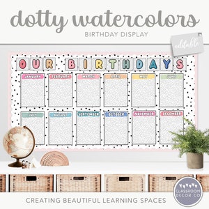 DOTTY WATERCOLOR Classroom Birthday Display, Editable, Bright Rainbow ...