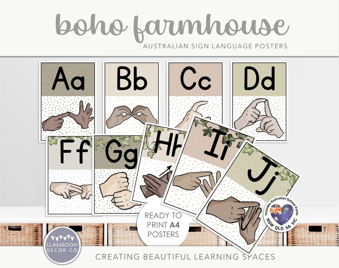BOHO FARMHOUSE AUSLAN Sign Language Posters, Australian Sign Language ...