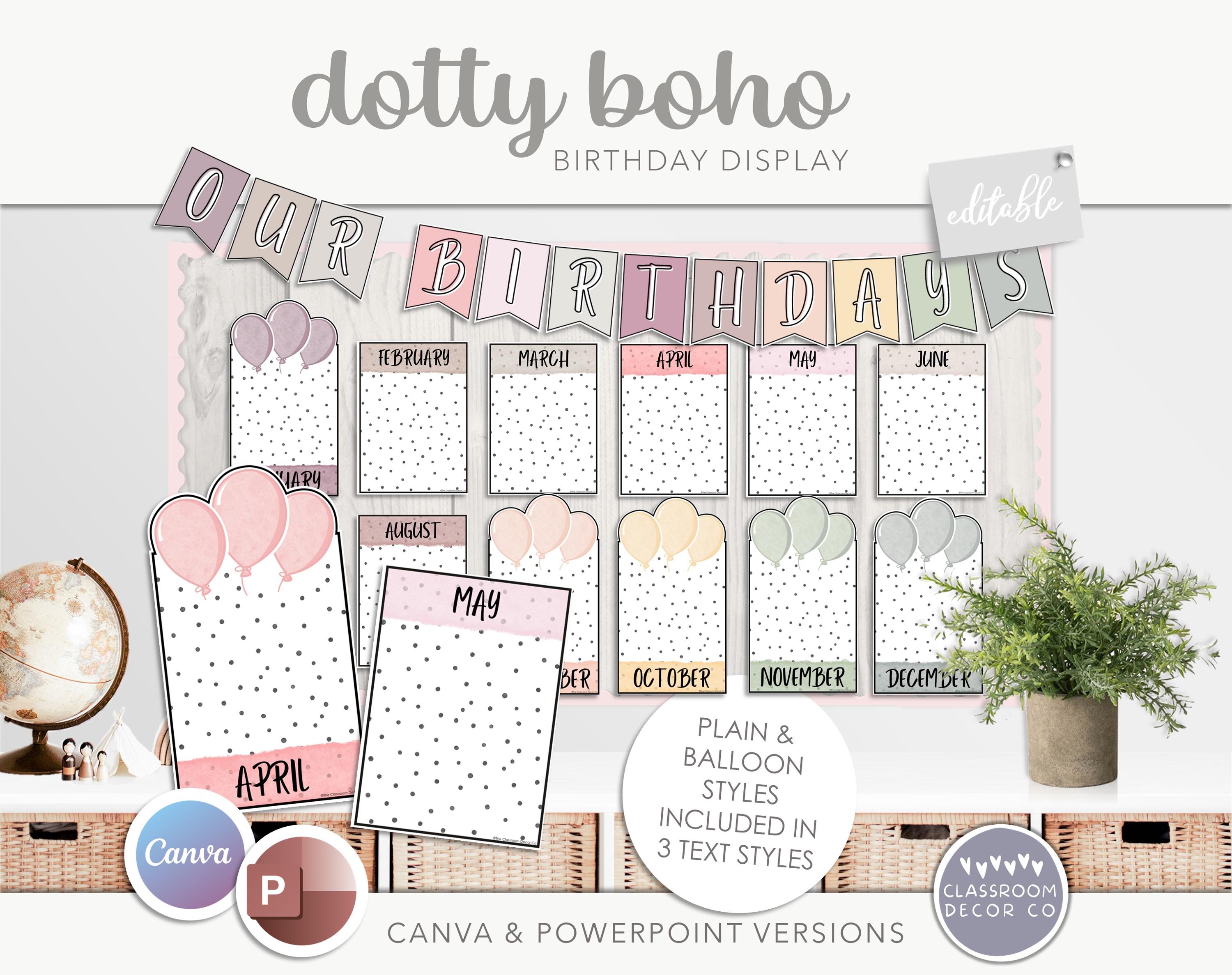 DOTTY BOHO Classroom Birthday Display, Editable, Neutral Classroom ...