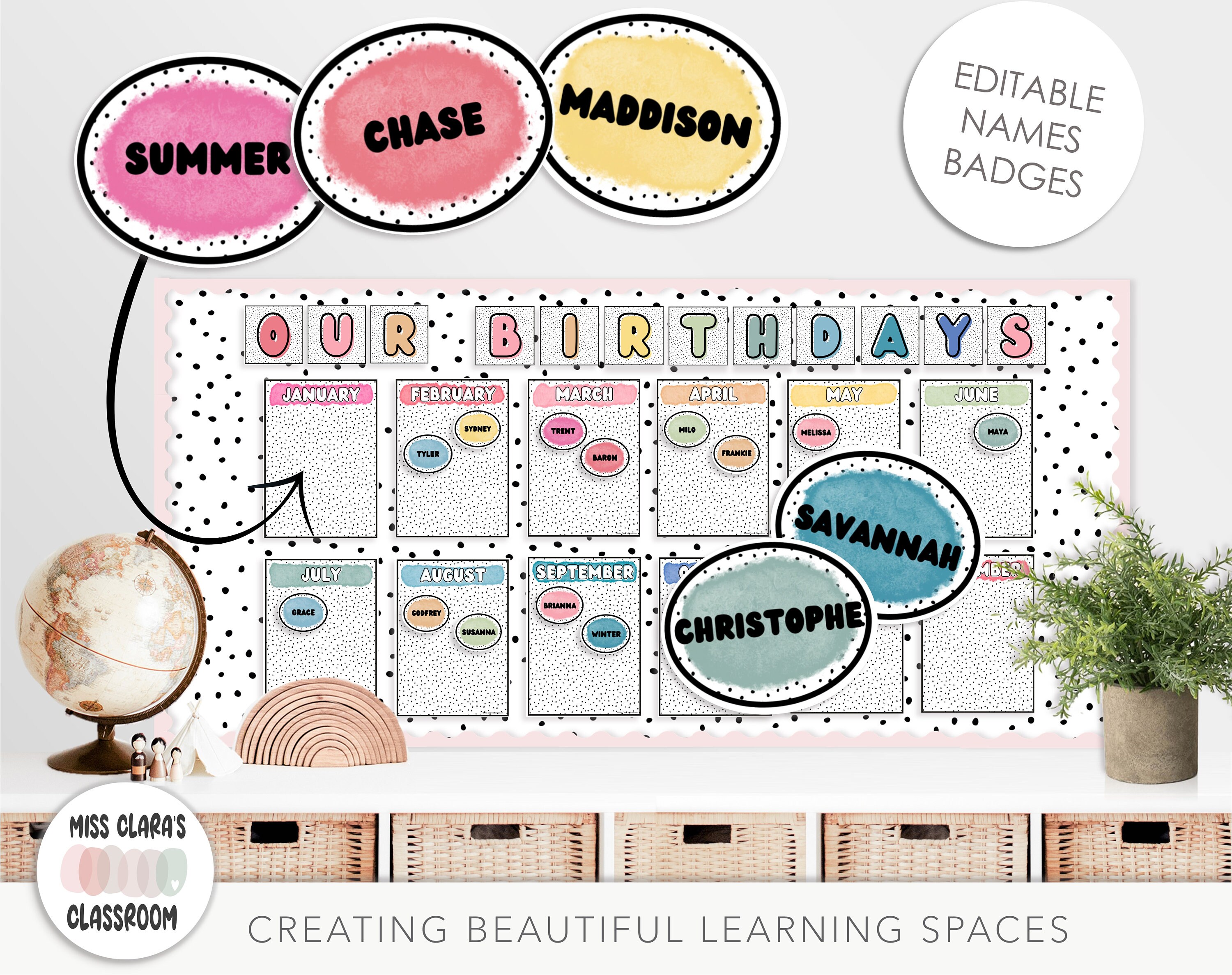 DOTTY WATERCOLOR Classroom Birthday Display, Editable, Bright Rainbow ...